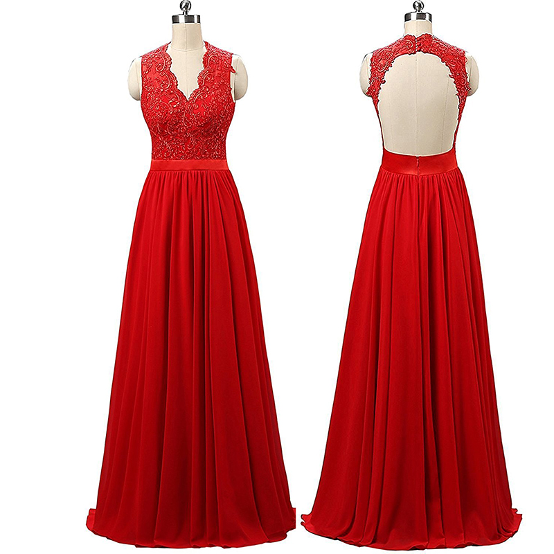Red V-neck Open Back Lace Wedding Party Dress on Luulla