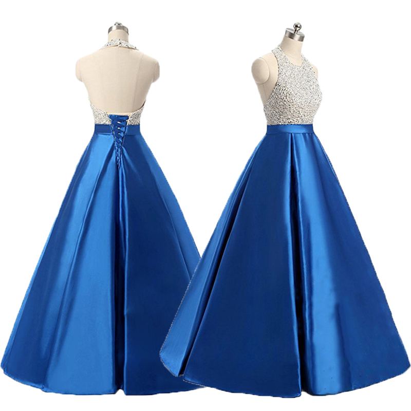 Blue And Silver Halter Backless Formal Prom Dress Ball Gown on Luulla